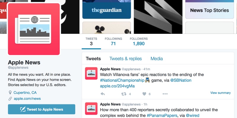 Apple News Gains Twitter Account to Promote Content - MacRumors
