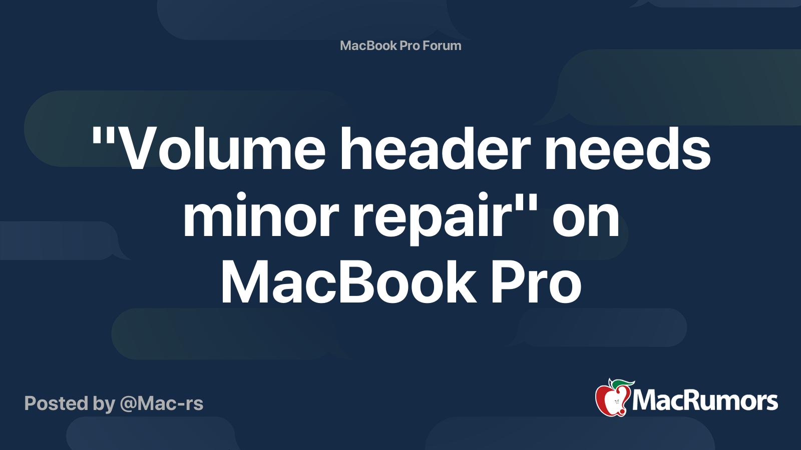 "Volume header needs minor repair" on MacBook Pro | MacRumors Forums