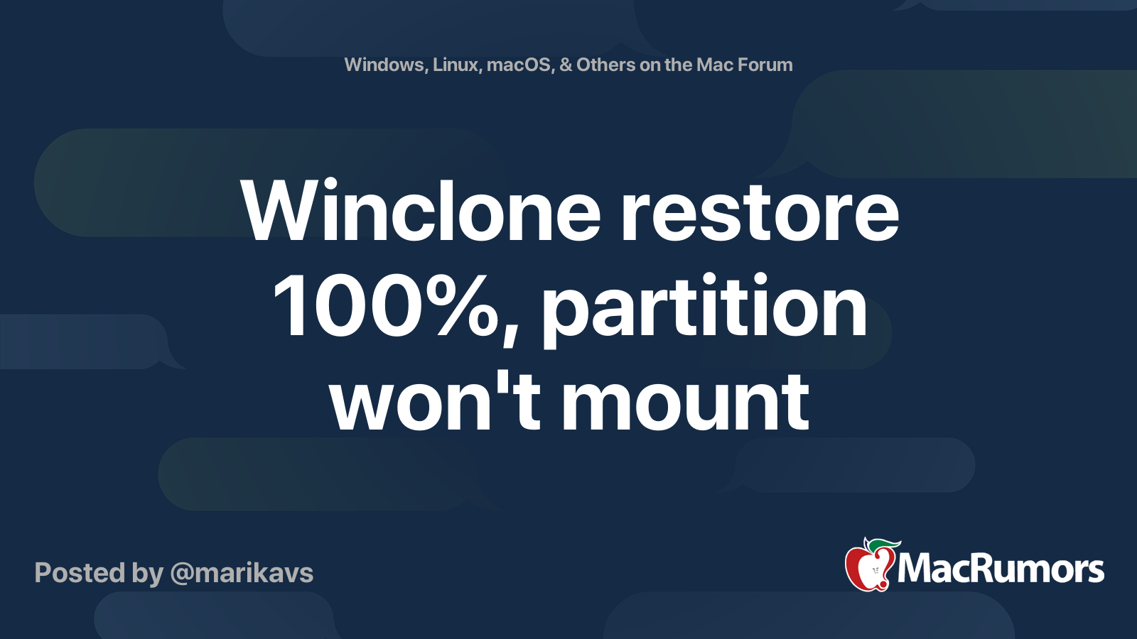 Winclone restore 100%, partition won't mount | MacRumors Forums