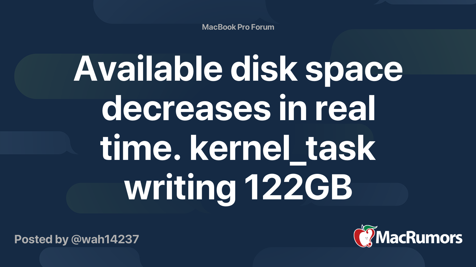 Available disk space decreases in real time. kernel_task writing 122GB | MacRumors Forums