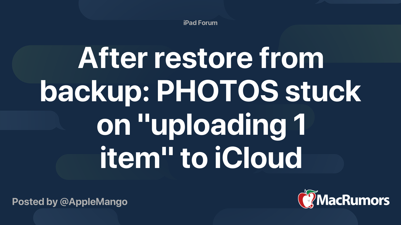After restore from backup: PHOTOS stuck on "uploading 1 item" to iCloud | MacRumors Forums