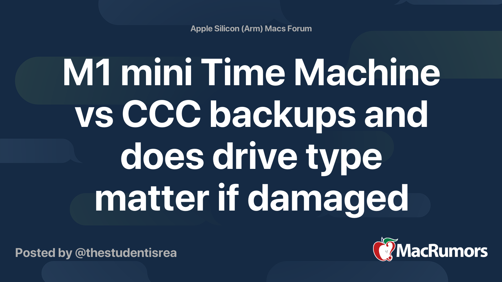 M1 mini Time Machine vs CCC backups and does drive type matter if damaged internal means no ext ...