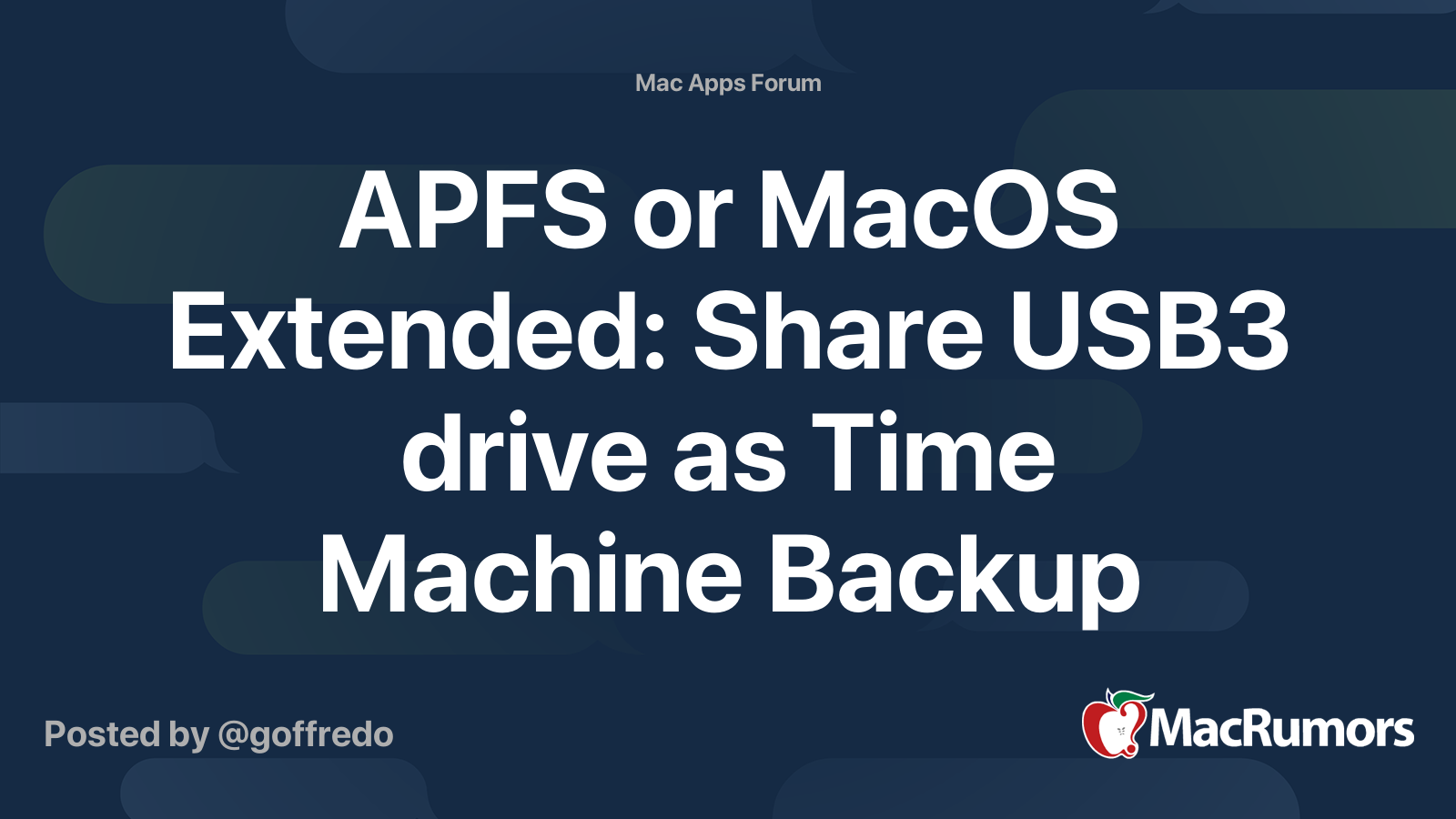 APFS or MacOS Extended: Share USB3 drive as Time Machine Backup Destination | MacRumors Forums
