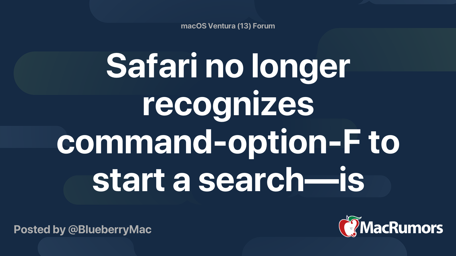 Safari no longer recognizes command-option-F to start a search—is there a preference I can ...