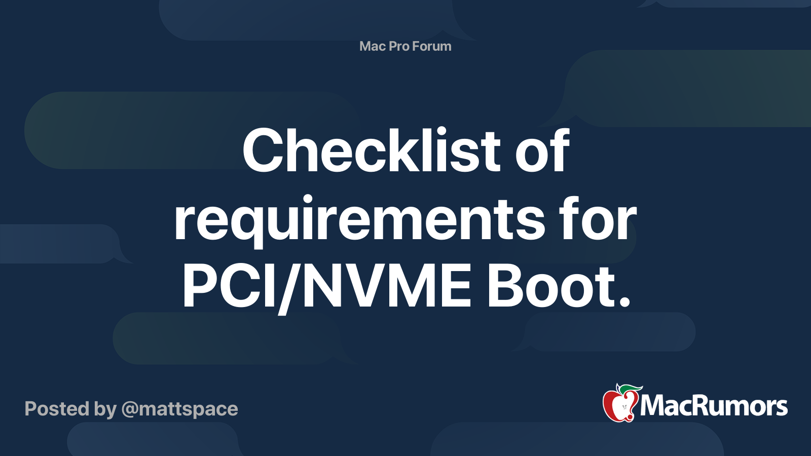 Checklist of requirements for PCI/NVME Boot. | MacRumors Forums