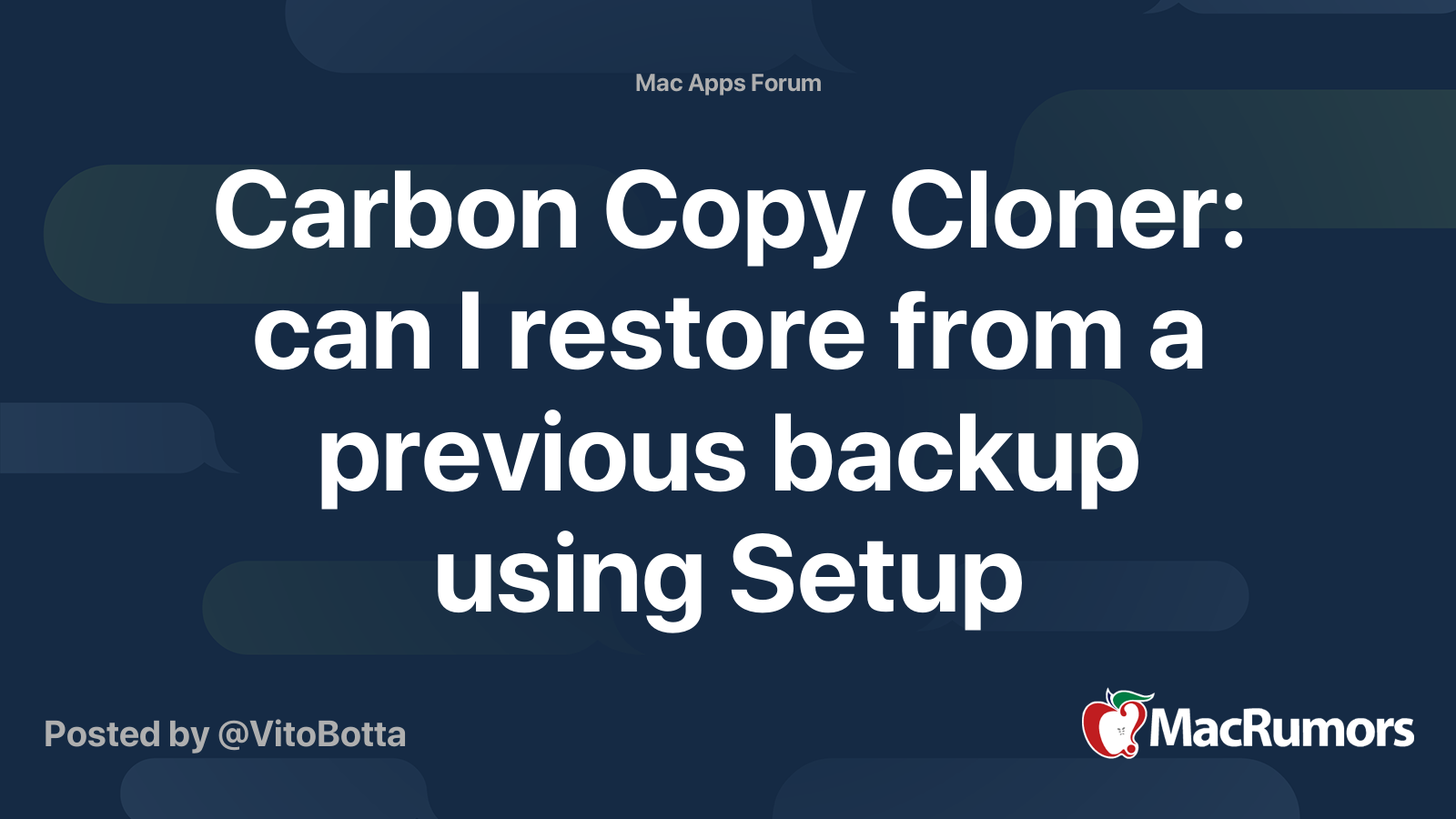 Carbon Copy Cloner: can I restore from a previous backup using Setup Assistant/Migration ...