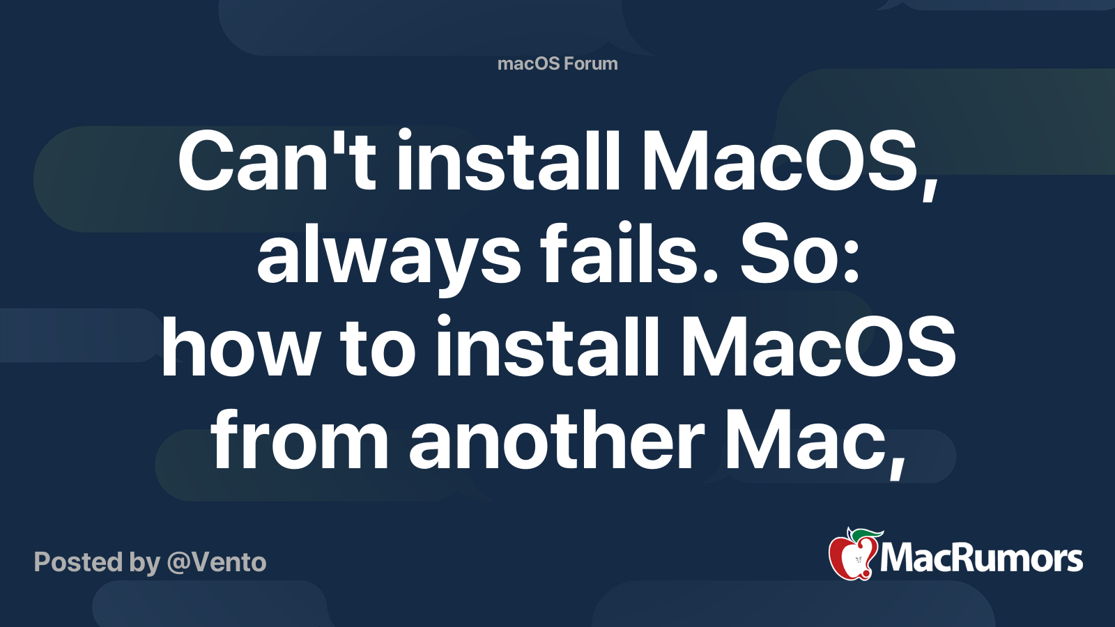 Can't install MacOS, always fails. So: how to install MacOS from another Mac, via a cable ...