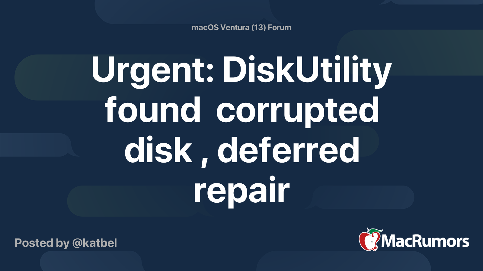 Urgent: DiskUtility found corrupted disk , deferred repair | MacRumors Forums