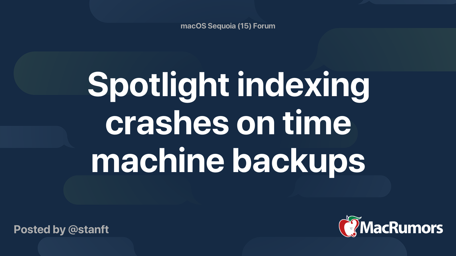 Spotlight indexing crashes on time machine backups | MacRumors Forums