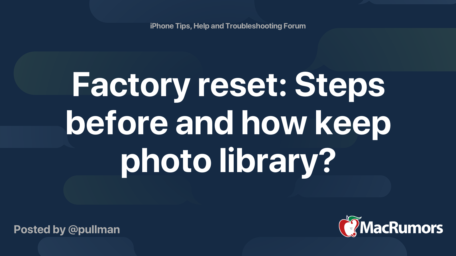 Factory reset: Steps before and how keep photo library? | MacRumors Forums
