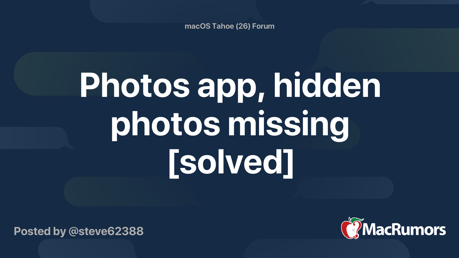Photos app, hidden photos missing [solved] | MacRumors Forums
