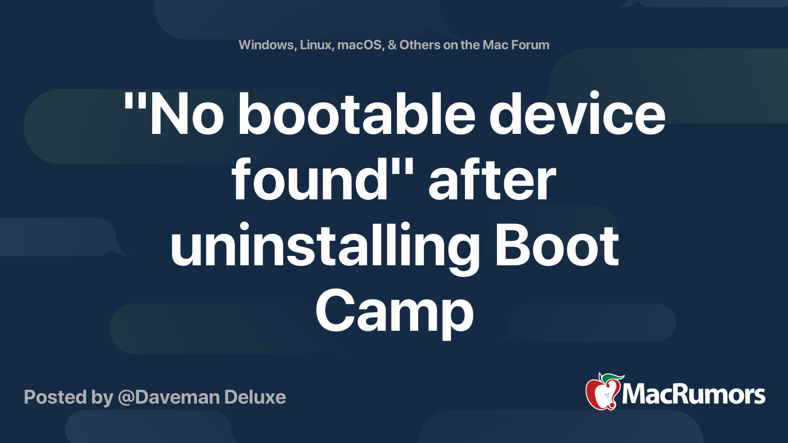 "No bootable device found" after uninstalling Boot Camp | MacRumors Forums