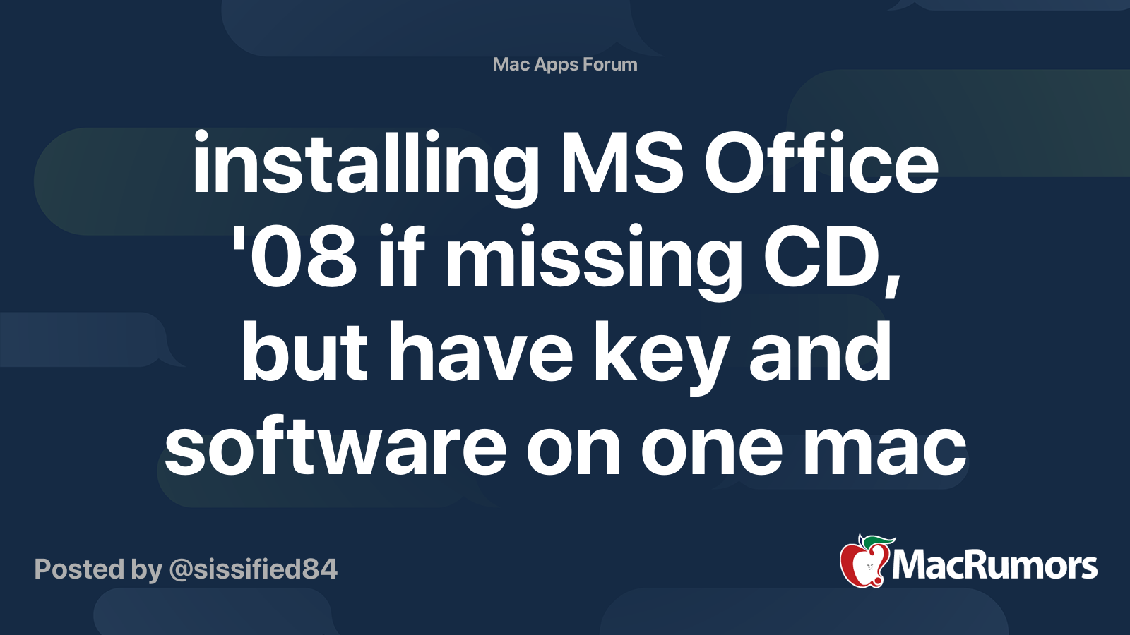 installing MS Office '08 if missing CD, but have key and software on one mac already ...