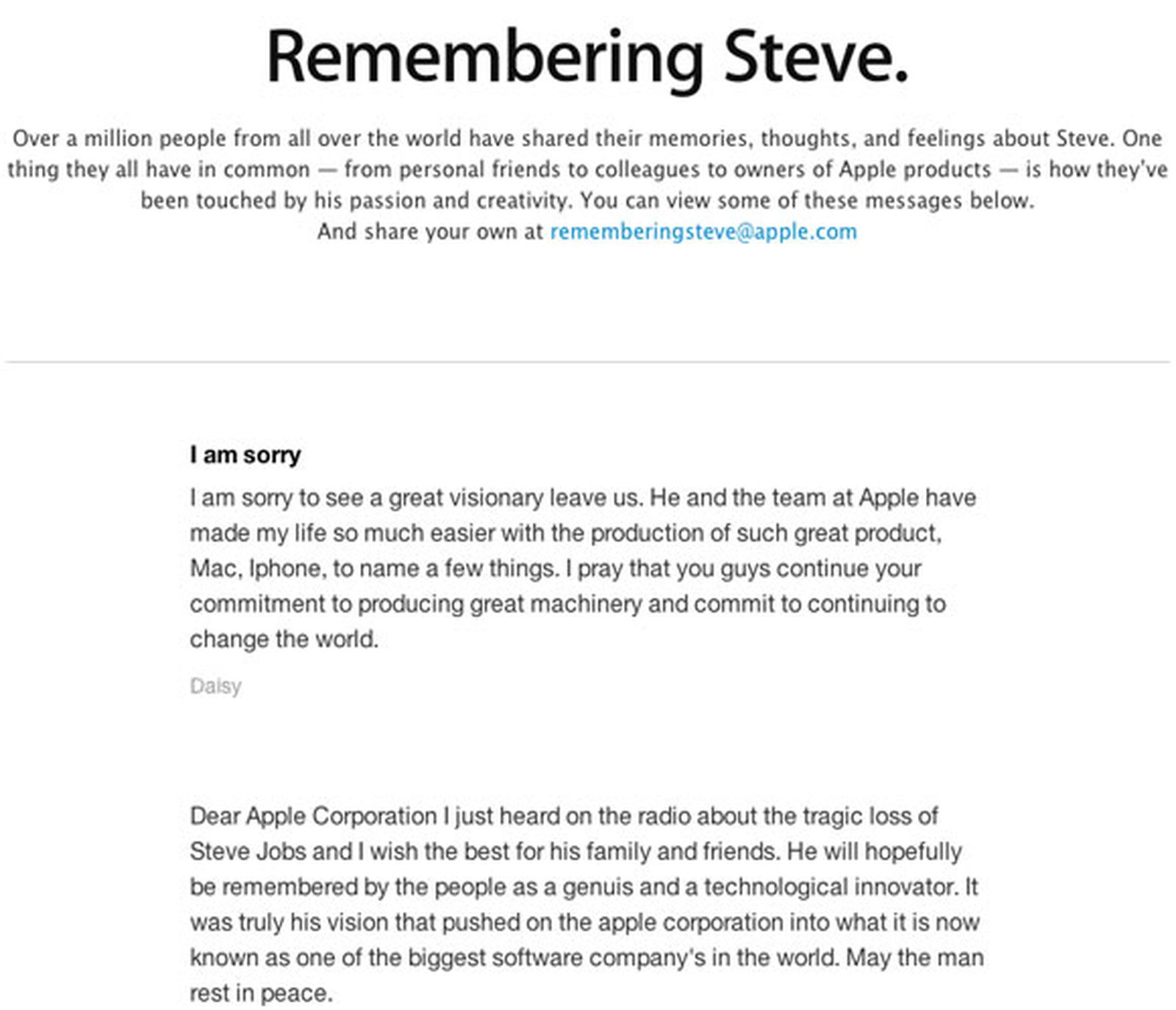 Apple Posts "Remembering Steve" Tributes from Fans - MacRumors