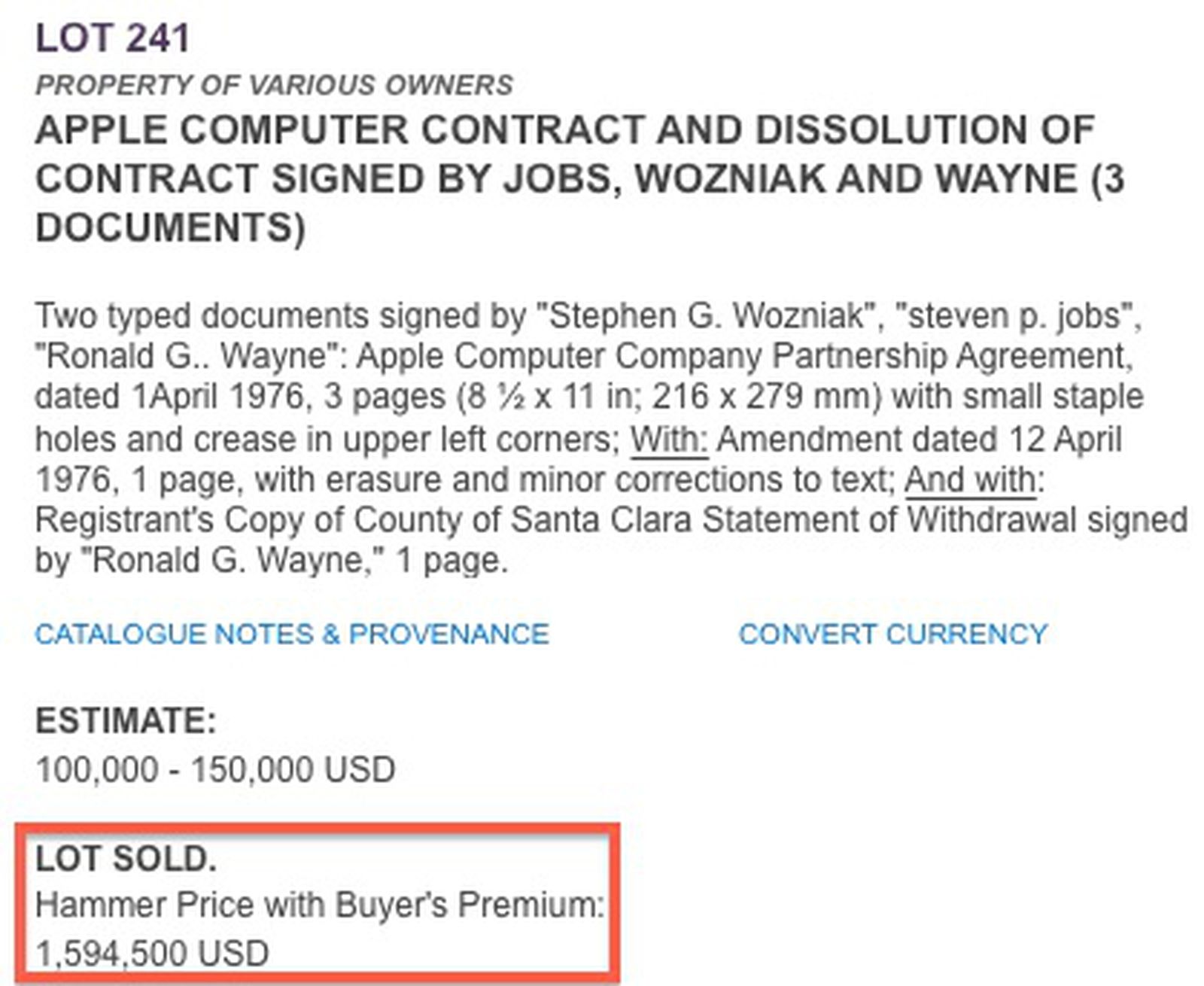Apple Founding Documents Sell for Nearly $1.6 Million - MacRumors