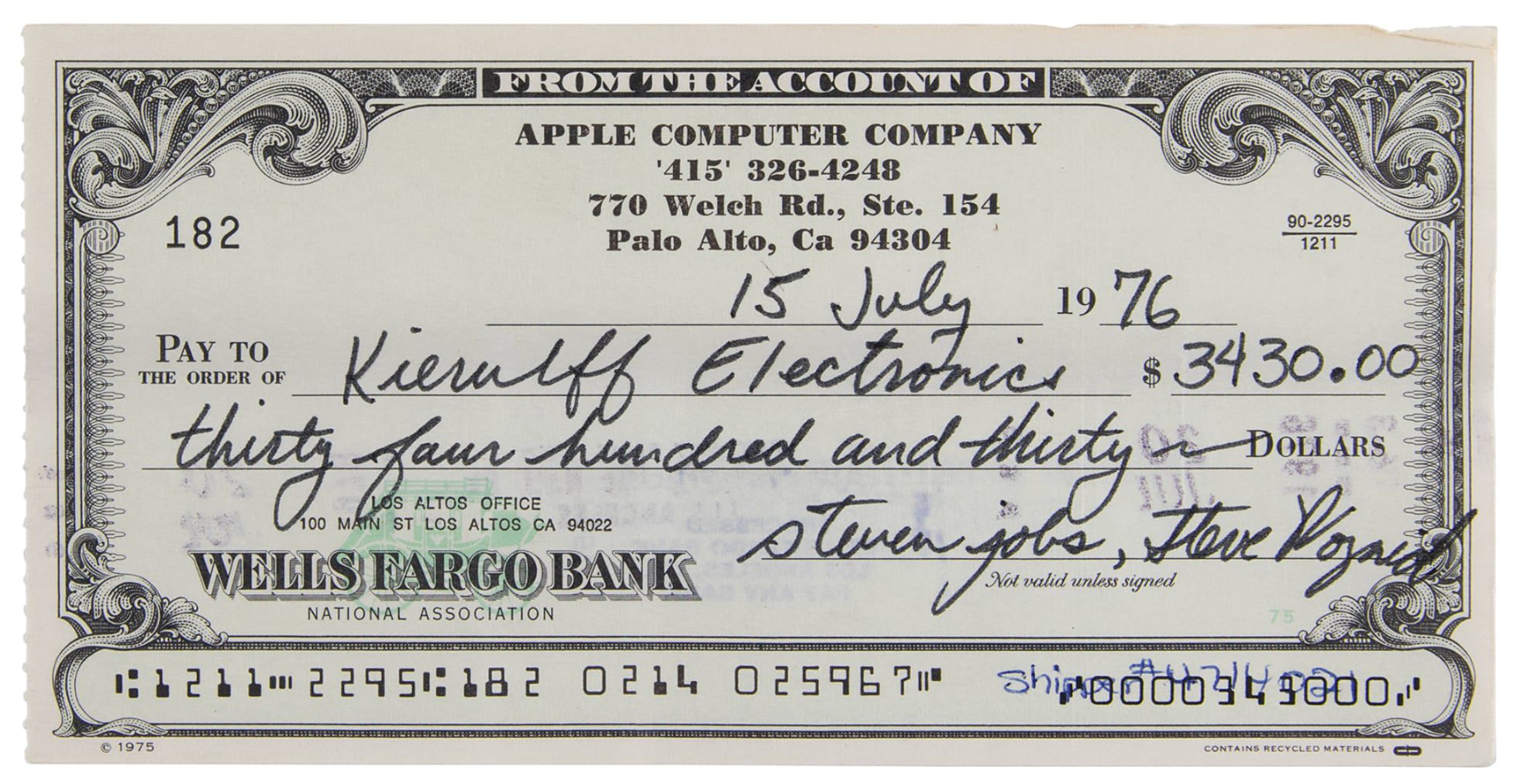 Rare Check Signed by Steve Jobs and Steve Wozniak Expected to Fetch ...