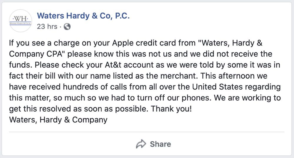 Apple Card Mislabeling AT&T Charges as 'Waters, Hardy & Co' Leading to ...