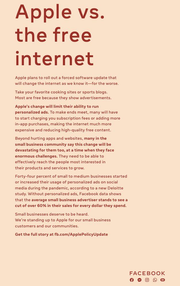 Facebook Runs Second Full-Page Ad Criticizing Apple, Says Opt-In ...