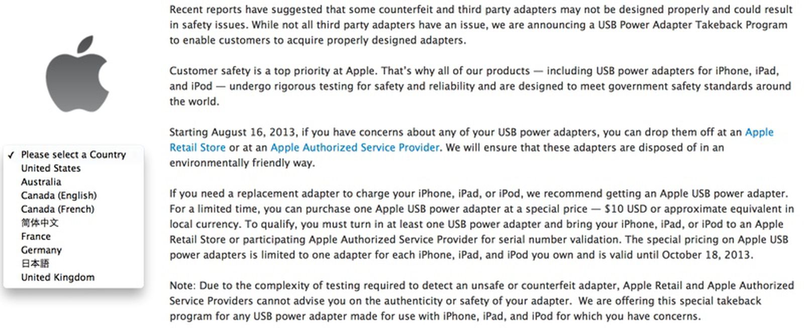 Apple Expands Third-Party USB Charger 'Takeback Program' Beyond U.S ...