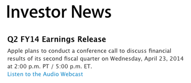 Apple to Announce Q2 2014 Earnings on April 23 - MacRumors