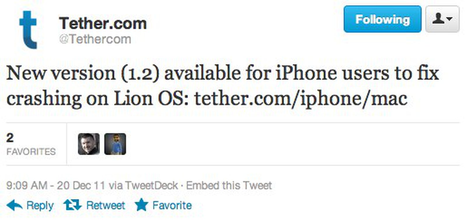 Tether Releases Mac Update to Fix Lion Crashing Bug - MacRumors